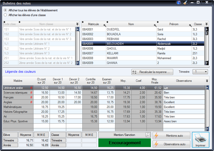 Documentation de AdmiSco : Impression des bulletins de notes