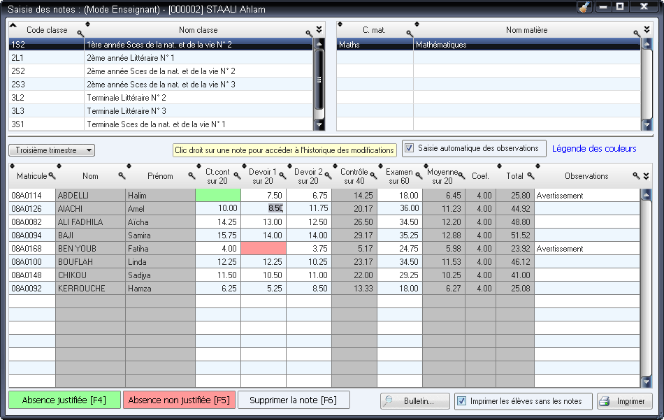 Documentation de AdmiSco : Saisie des notes