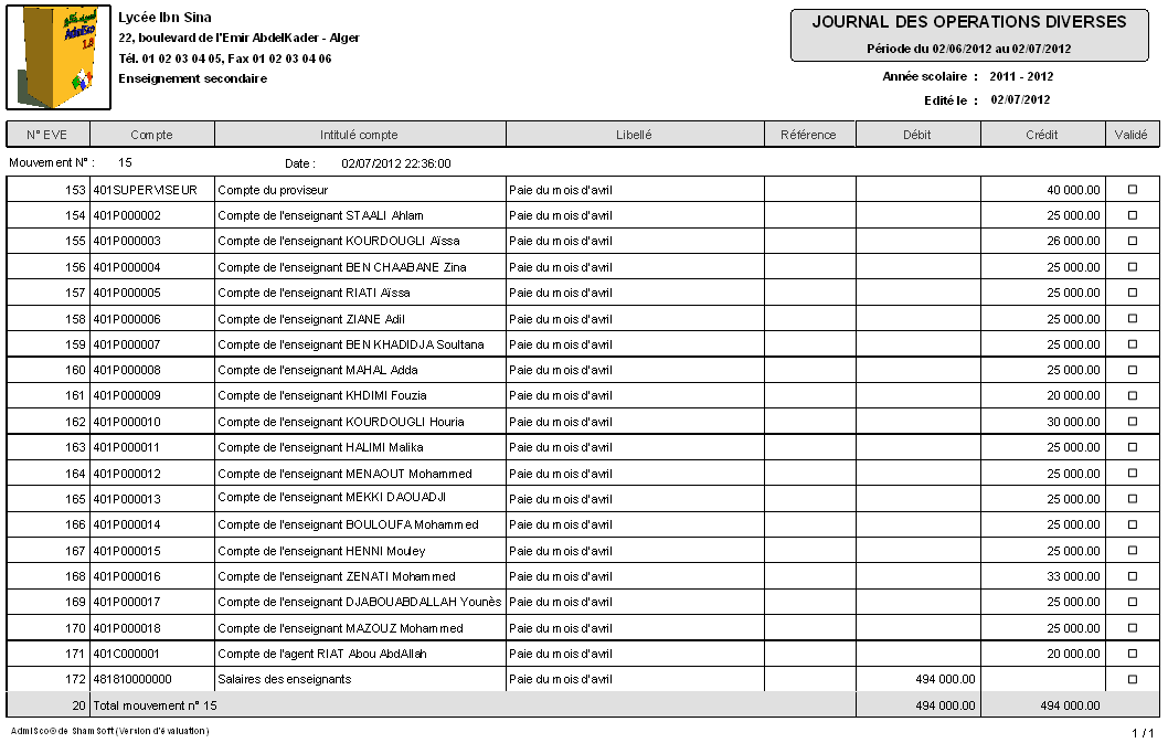 Documentation de AdmiSco : Opérations diverses